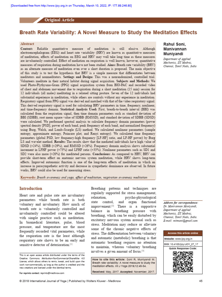 Breath Rate Variability A Novel Measure To Study The Meditation Effects ...
