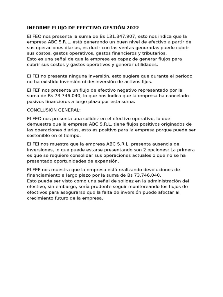 Informe Flujo de Efectivo Gestión 2022 | PDF