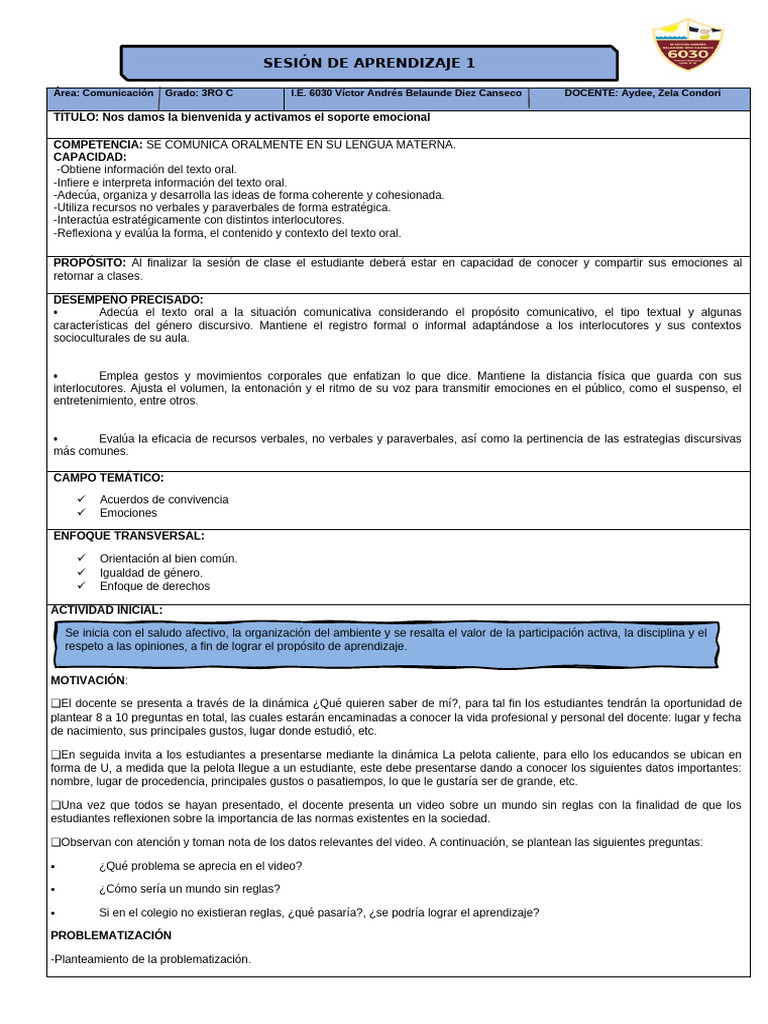 SESIÓN DE APRENDIZAJE 1 unidad borrador | PDF | Aprendizaje | Comunicación no verbal
