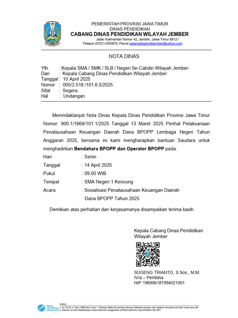 518 Undangan Bendahara Dan Operator BPOPP - Sign | PDF