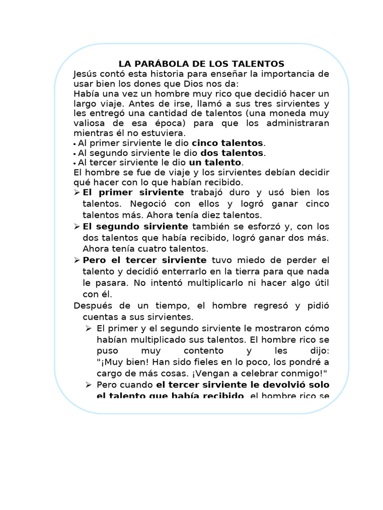 Actividades de la Parábola de los Talentos | PDF