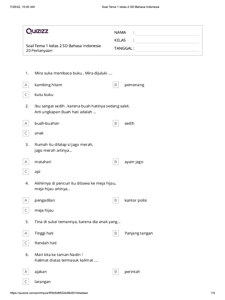 Soal Tema 1 kelas 2 SD Bahasa Indonesia | PDF