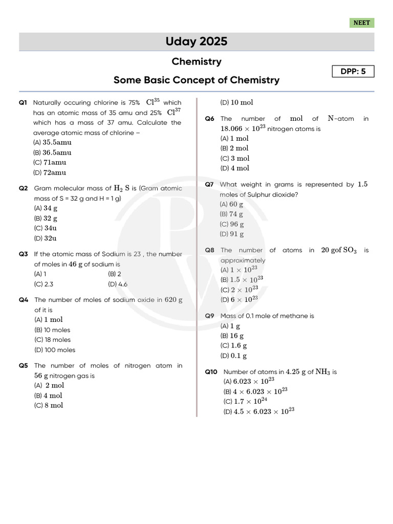 665ec3ea6eb6f40018ac4d6a - ## - Some Basic Concepts of Chemistry - DPP 05 (Of Lecture 09) - Uday ...