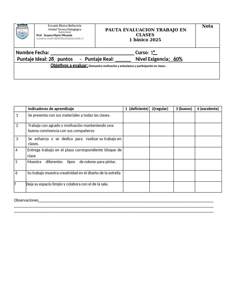 1° PAUTA EVALUACION Trabajo en Clases | PDF