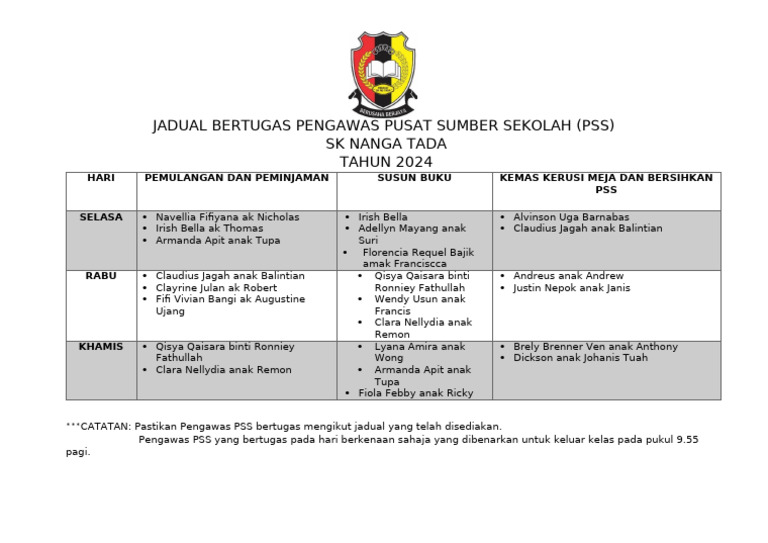 JADUAL BERTUGAS PENGAWAS PSS 2024 | PDF