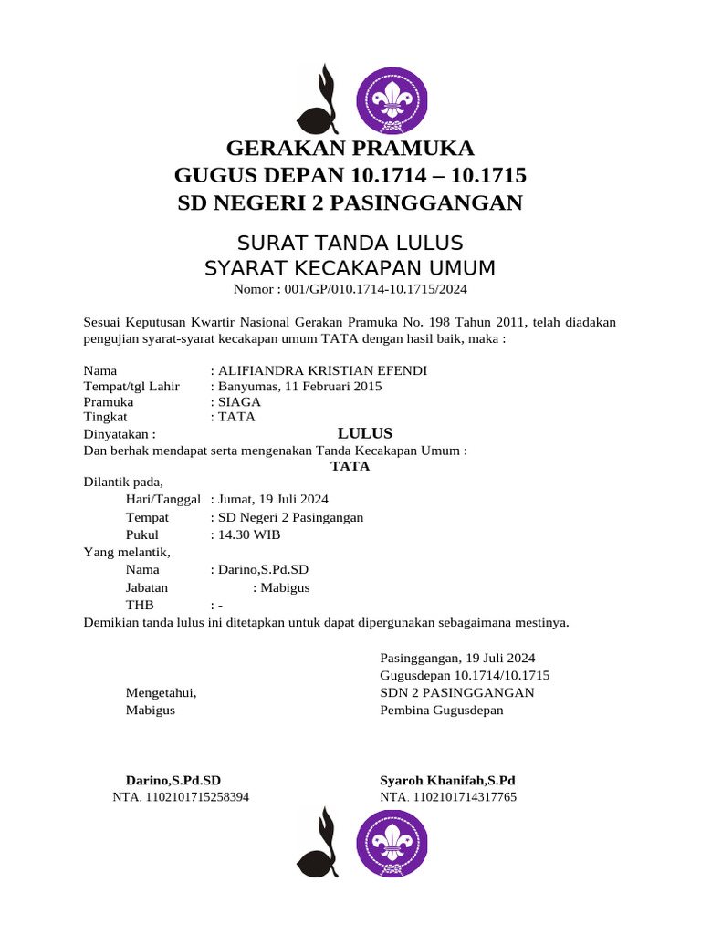 SURAT TANDA LULUS SKU Tata | PDF