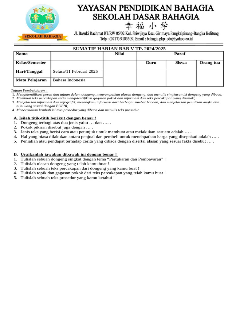 Sumatif Harian BI Bab 5 | PDF