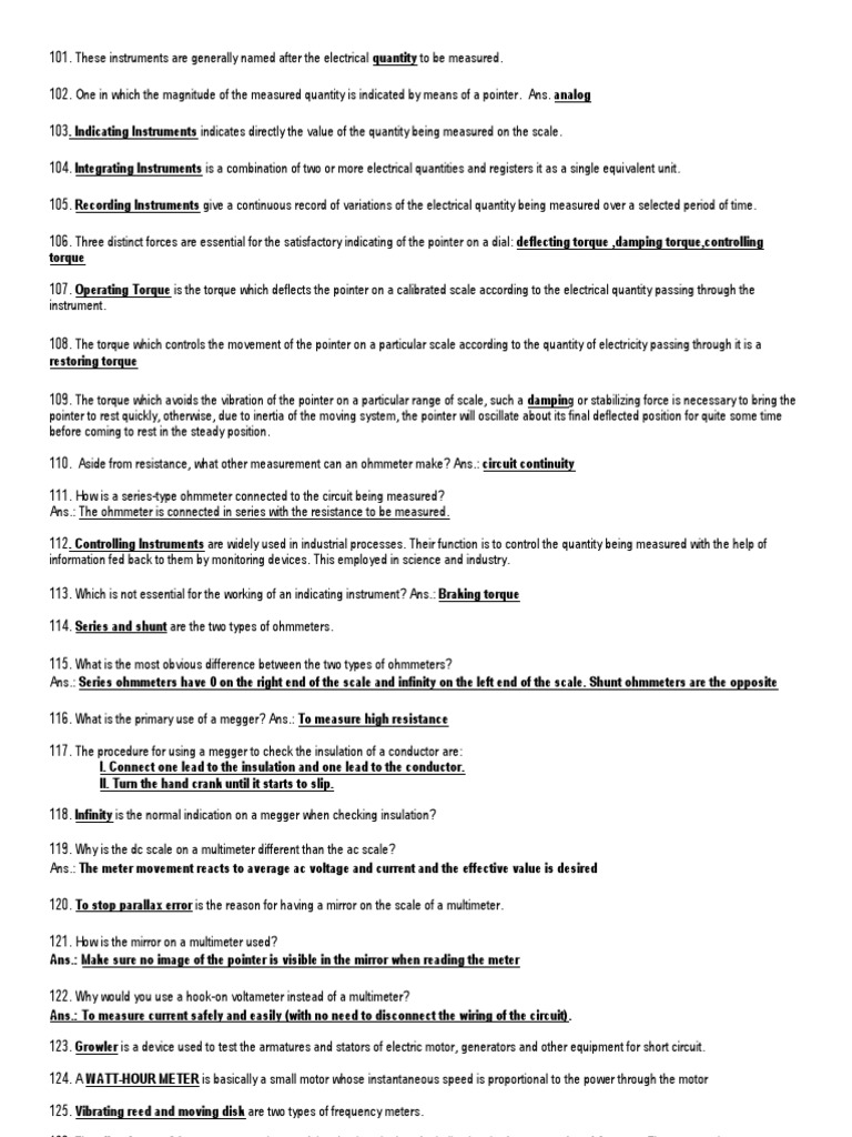 101 Answer Key | PDF | Voltage | Measuring Instrument