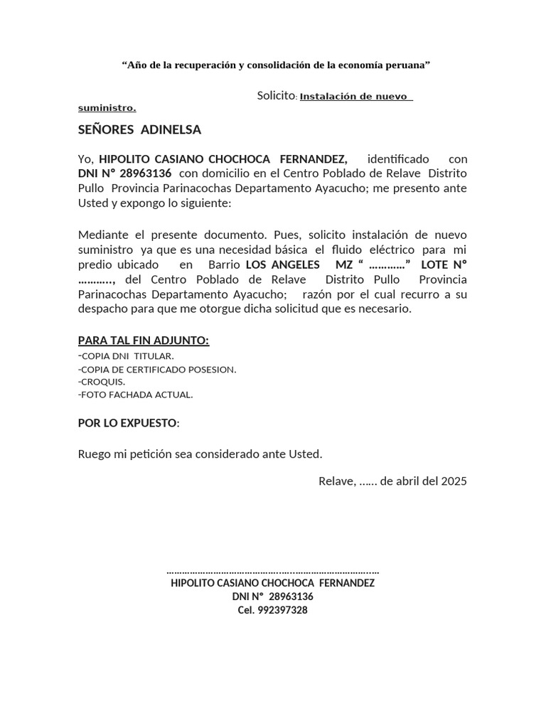 ADINELSA INSTALACION NUEVO SUMINISTRO 2025 ANGELES | PDF