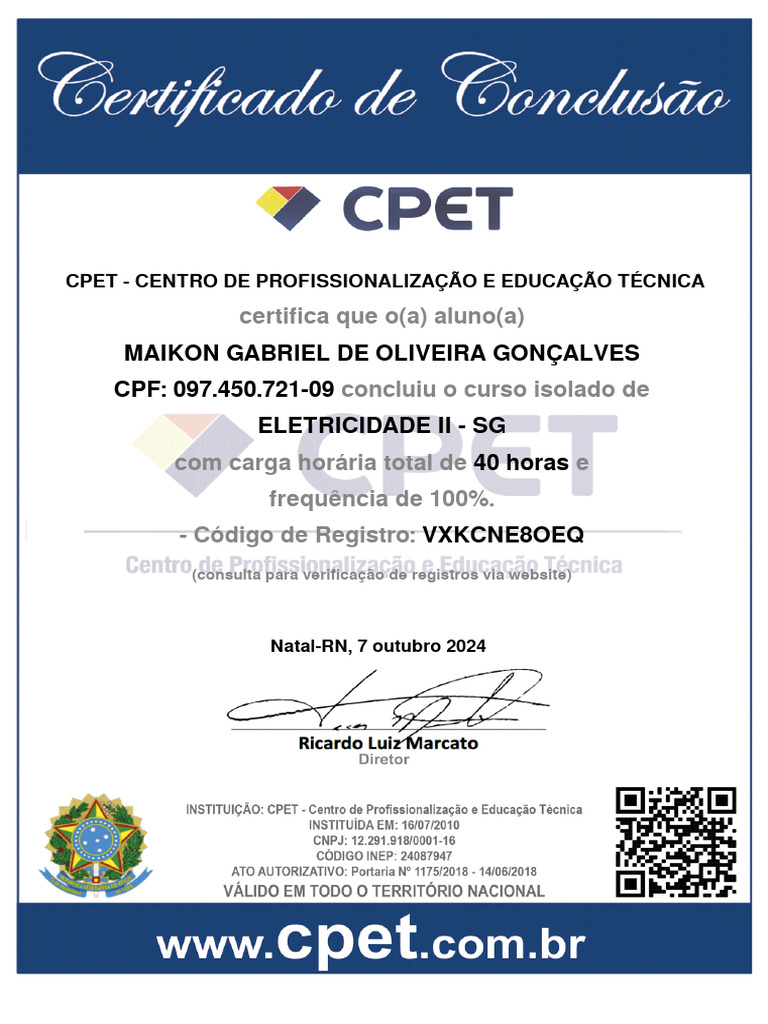 Certificado de Conclusão: Eletricidade II | PDF