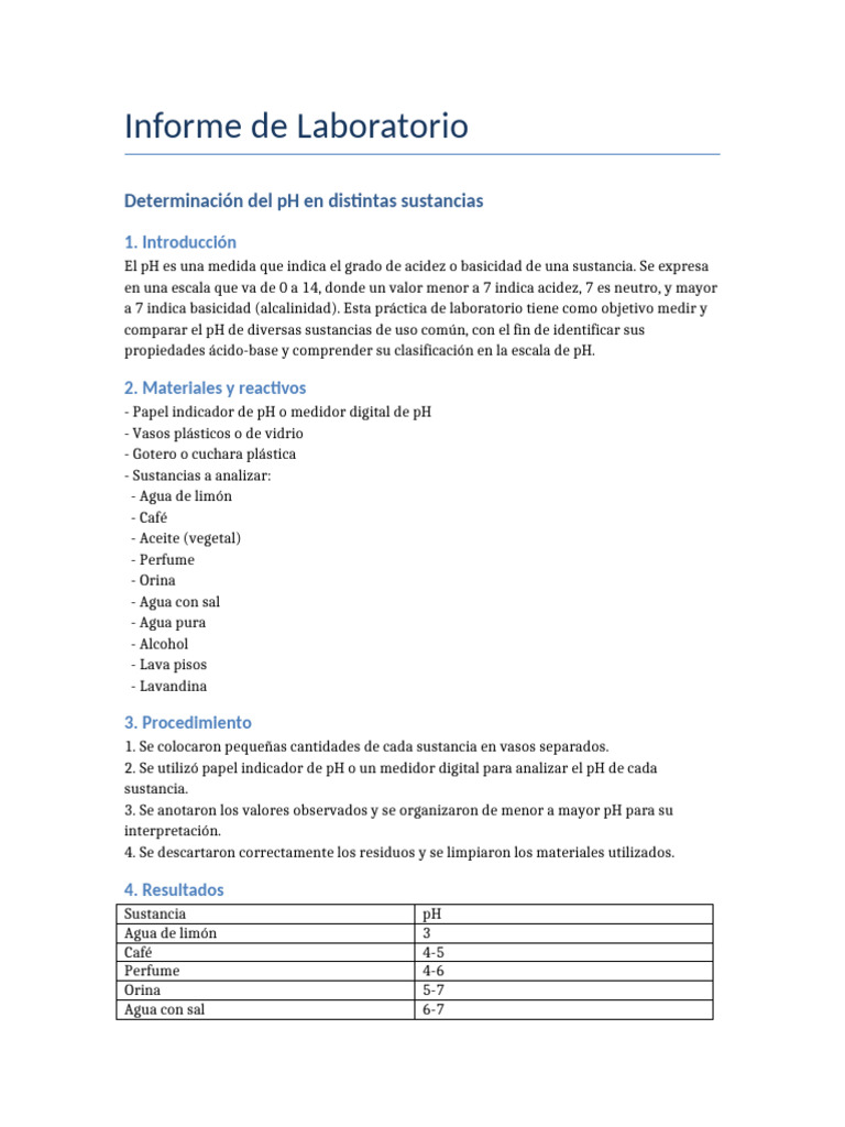 Informe PH Laboratorio | PDF | Ph | Agua