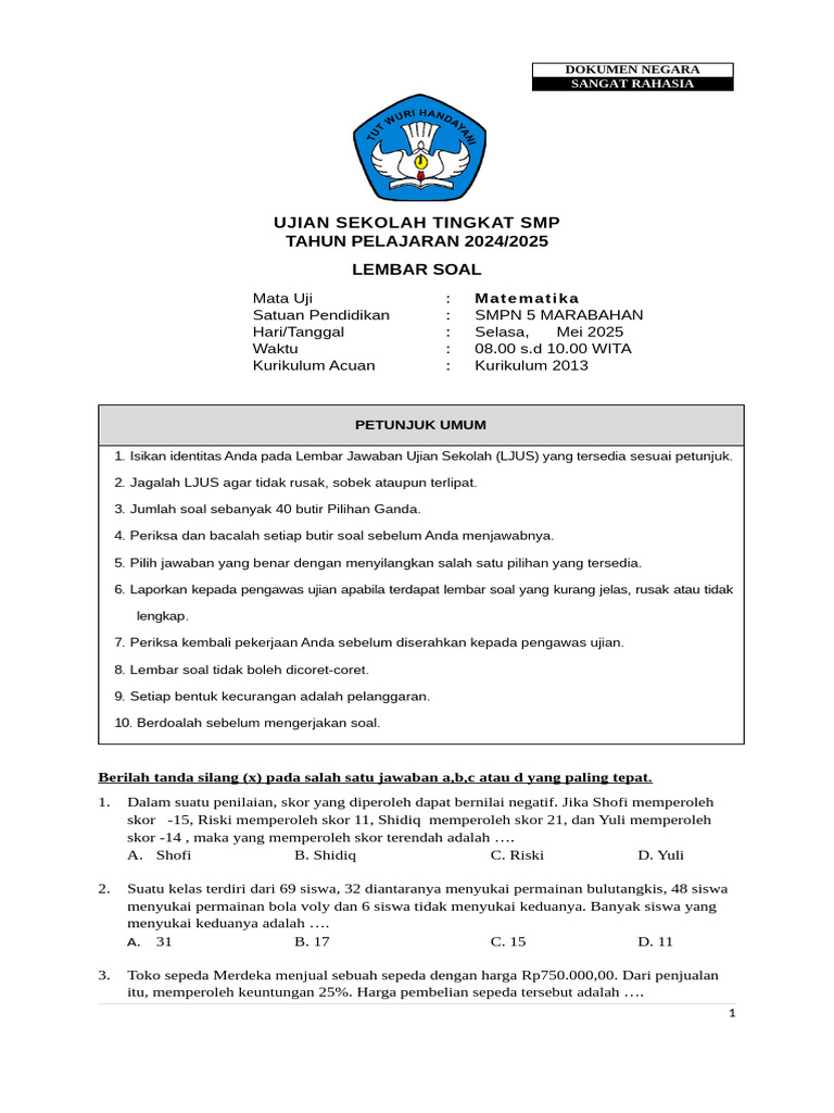 Soal Uas MTK 2024-2025 | PDF