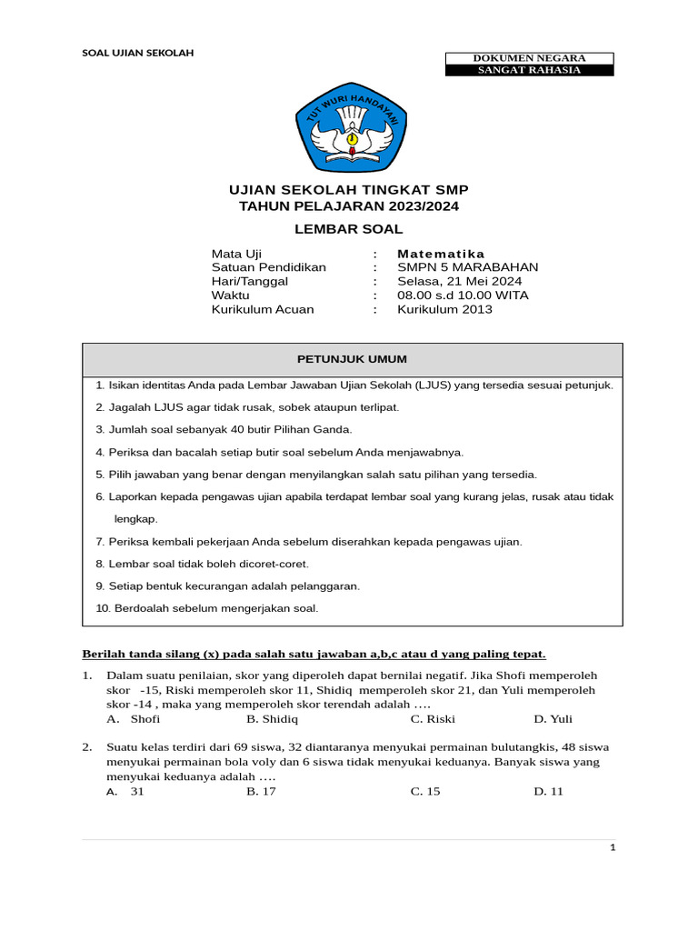 SOAL UAS MTK 2023-2024 | PDF