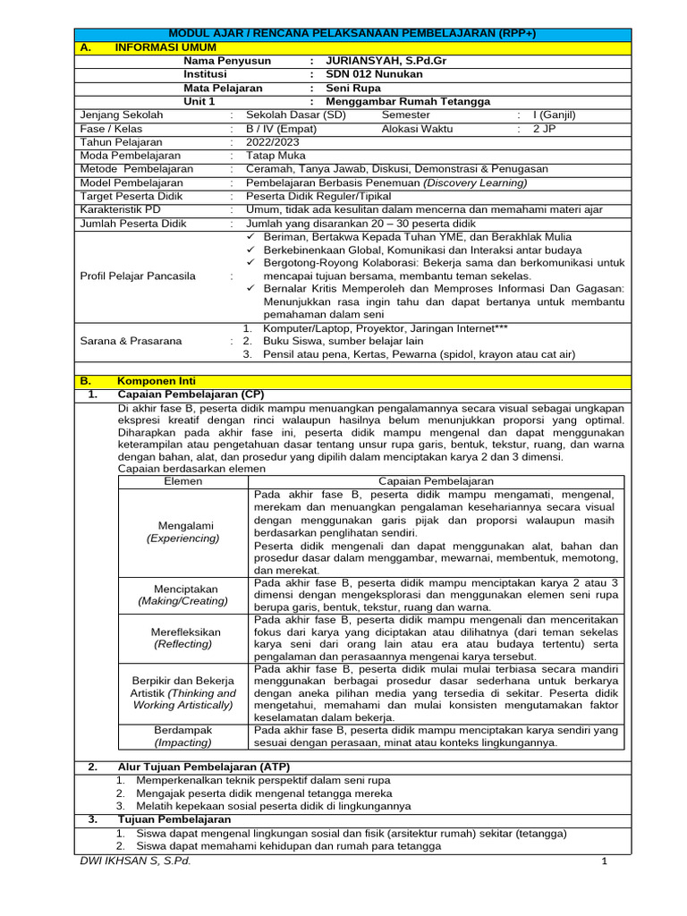 RPP Seni Rupa KLS Iv SMS 1 | PDF