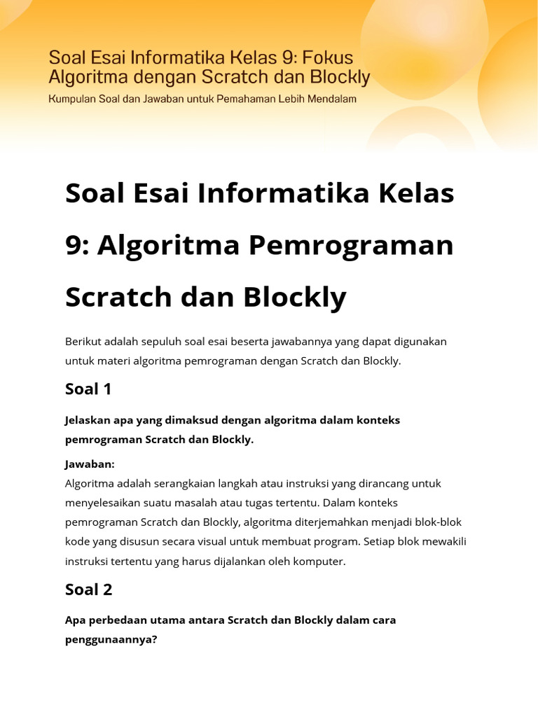 Soal Esai Informatika Kelas 9 Algoritma Pemrograman Scratch Dan Blockly 9414