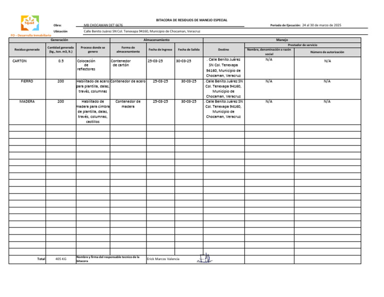Bitácora de Residuos Especiales 2025 | PDF