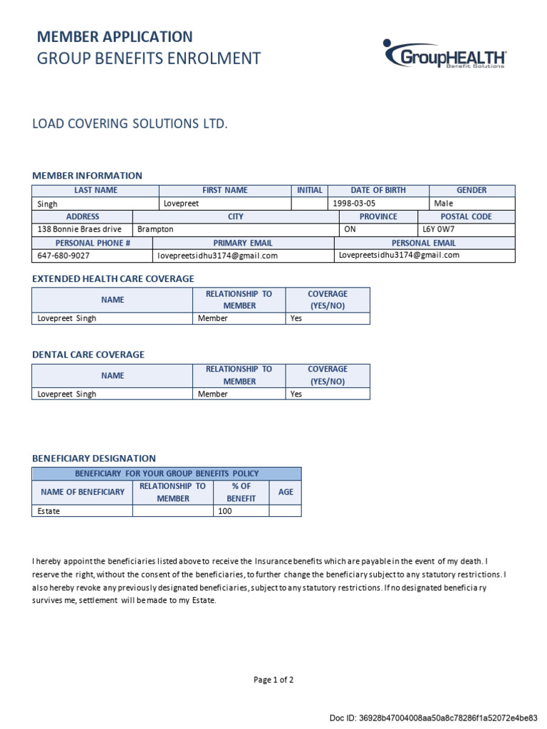 Group Benefits Enrollment Application | PDF