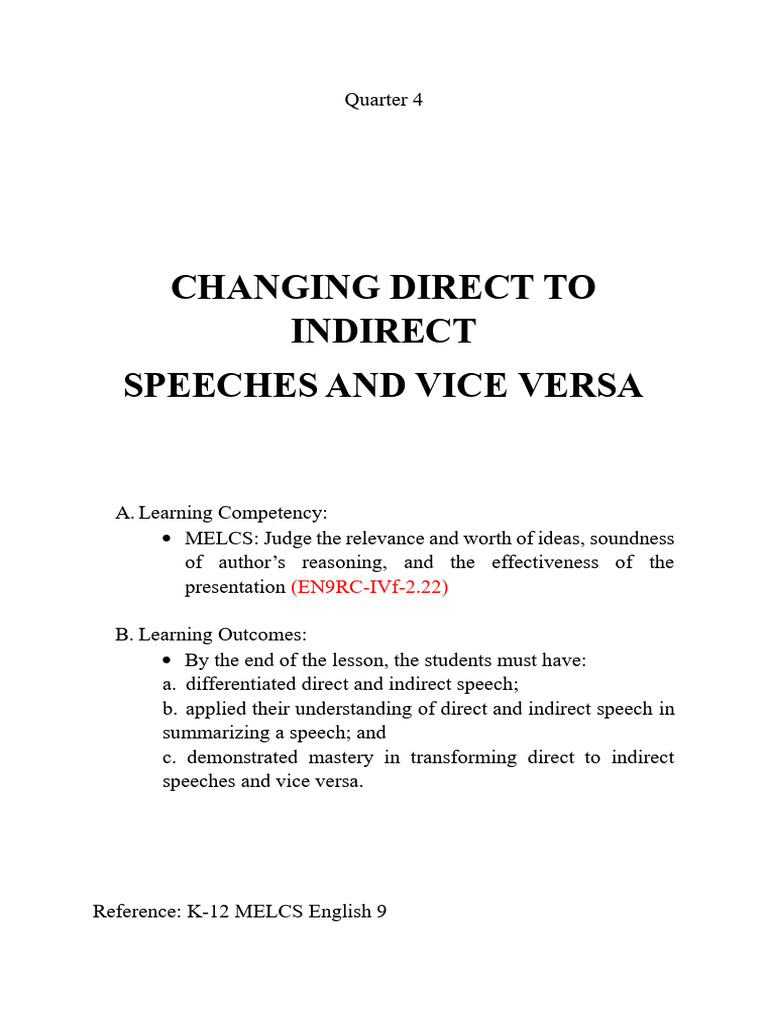 Direct and Indirect Speeches (1) | PDF | Perfect (Grammar) | Linguistic ...