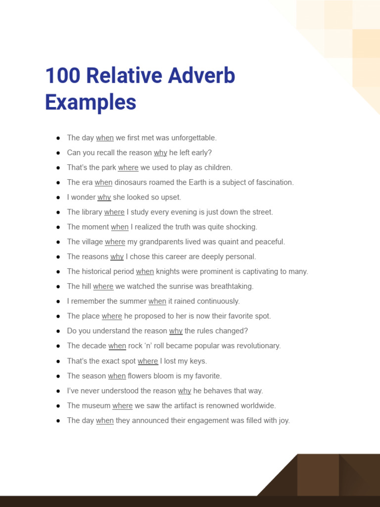 100 Examples of Relative Adverbs | PDF