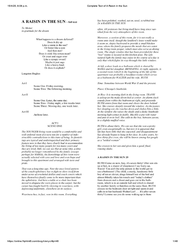 Complete Text of A Raisin in the Sun | PDF