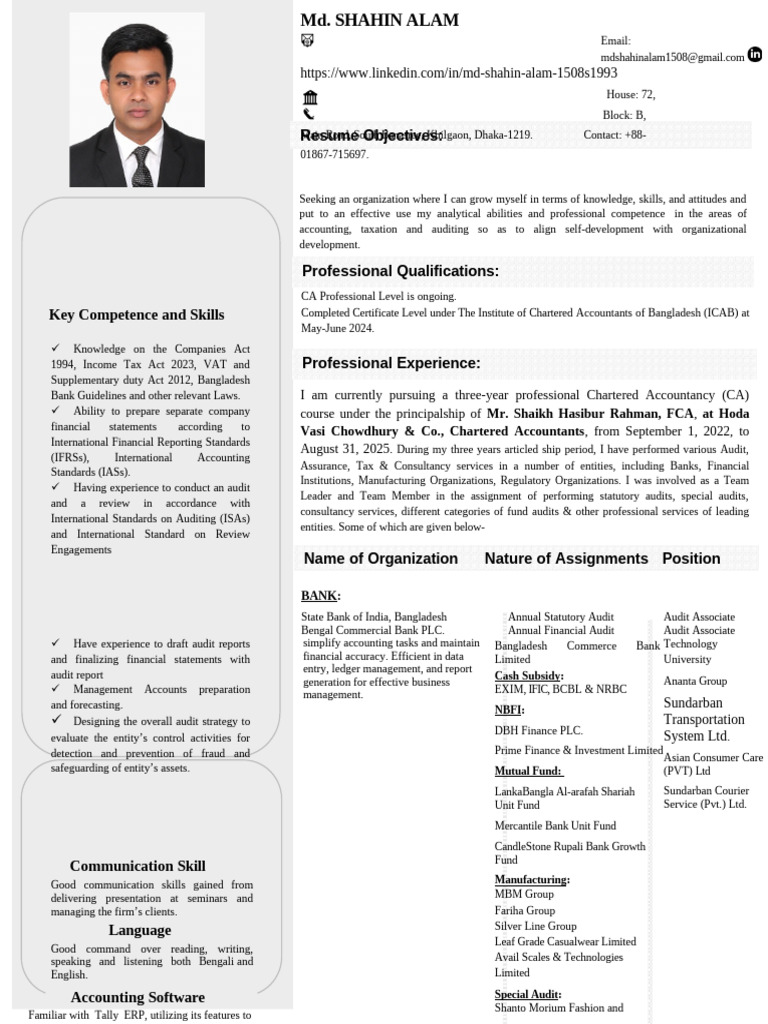 Curriculam Vitae of Shahin | PDF | Audit | Accounting