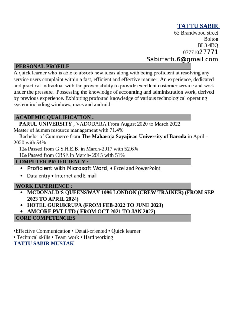 Sabir Tattu CV | PDF