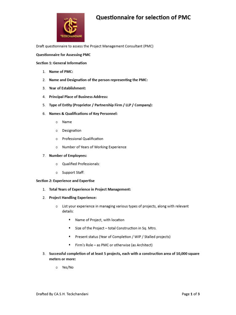 PMC Selection Questionnaire | PDF | Business