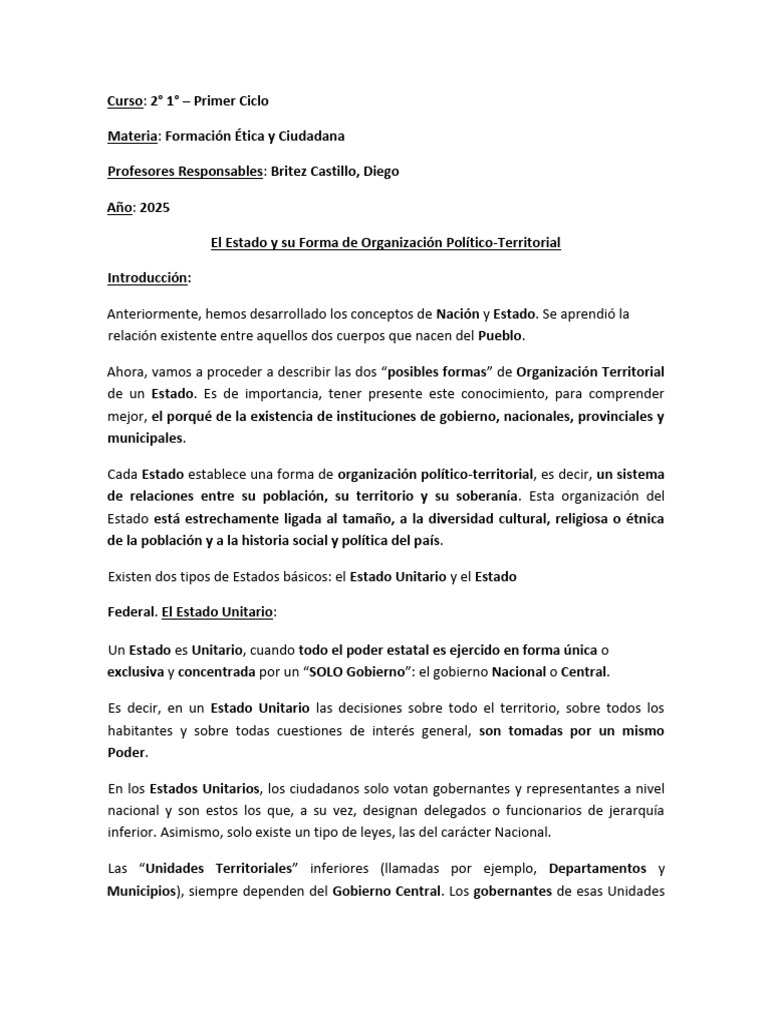 Tema N°3 de F.E.C. para 2°1° Primer Ciclo 2025 | PDF | Estado (política) | Gobierno