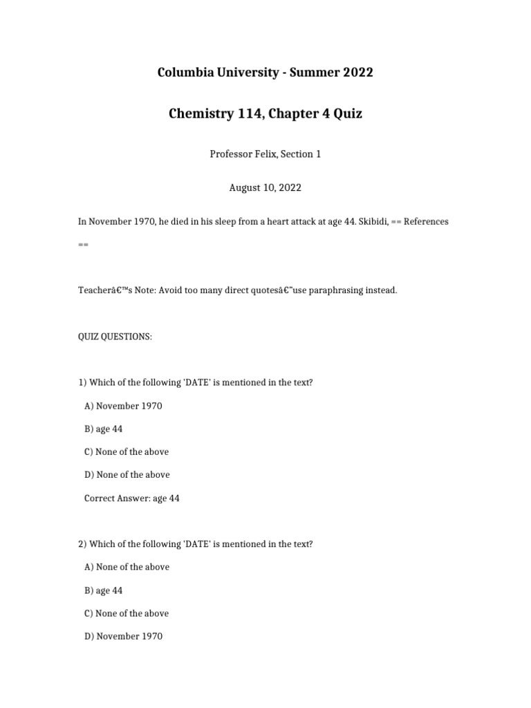 Chemistry 114 Chapter 4 Quiz | PDF