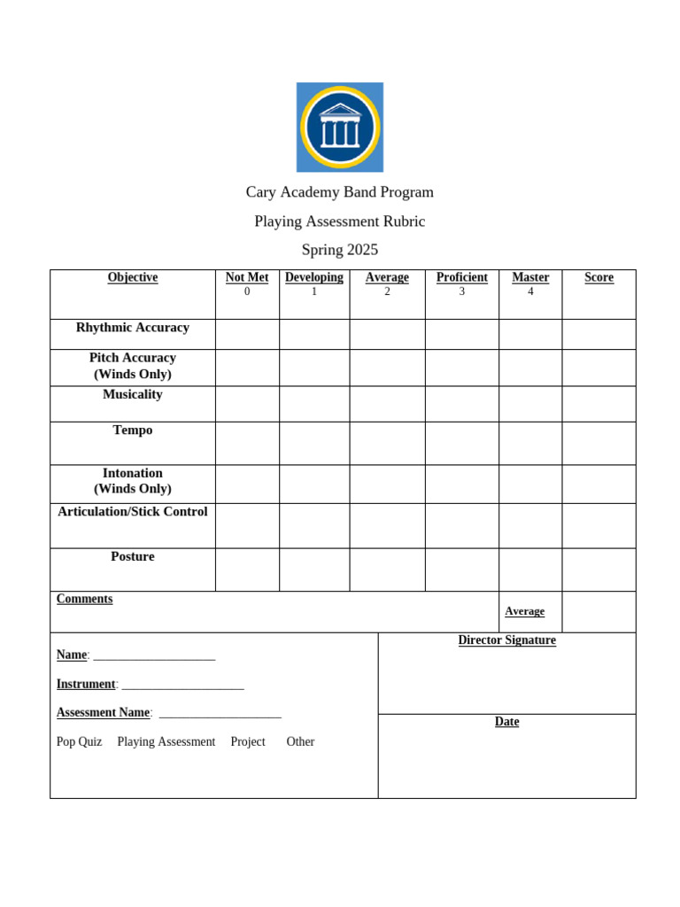 Cary Academy Band Assessment Rubric | PDF