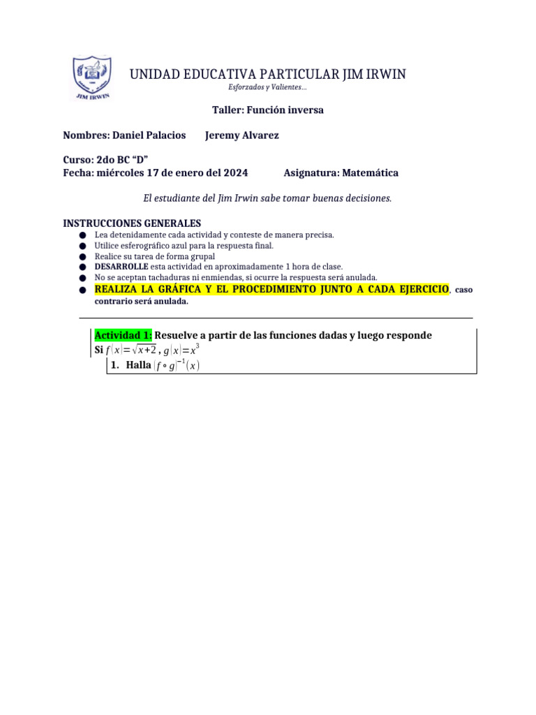 Taller - Función Inversa | PDF