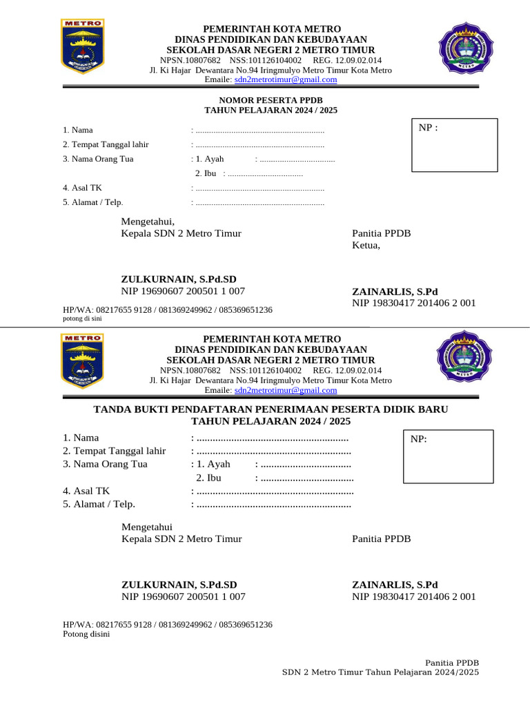 Form Pendaftaran Peserta Didik Baru Tahun 2022 | PDF