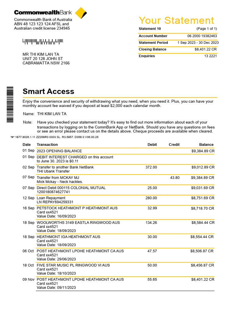 Commonweath Bank Statement Template Lab | PDF | Banks | Debit Card