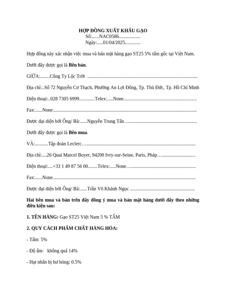 Mau Hop Dong Xuat Khau Gao Song Ngu Anh Viet | PDF