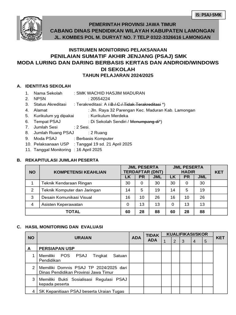 Instrumen Monev PSAJ SMK-2024-2025 | PDF