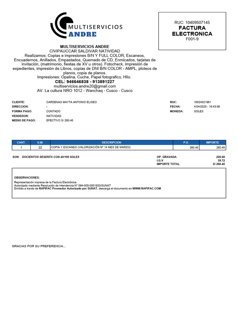 FACTURA_ELECTRONICA-F001-9-20250404 (2) | PDF | Tecnología bancaria | Pagos