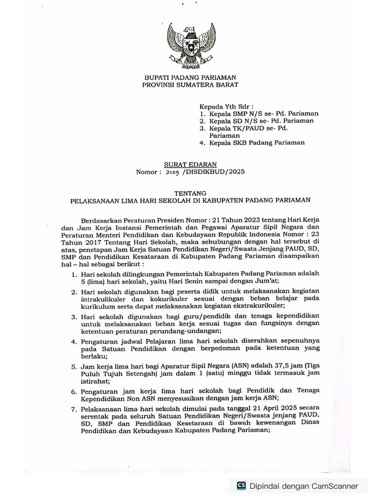 Edaran Pelaksanaan 5 Hari Sekolah Kabupaten Padang Pariaman | PDF