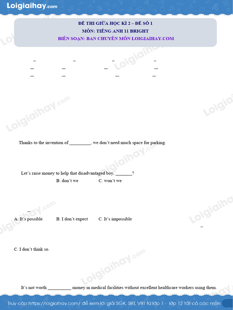 De Thi Giua Ki 2 Tieng Anh 11 Bright de So 1 1706772547 | PDF ...