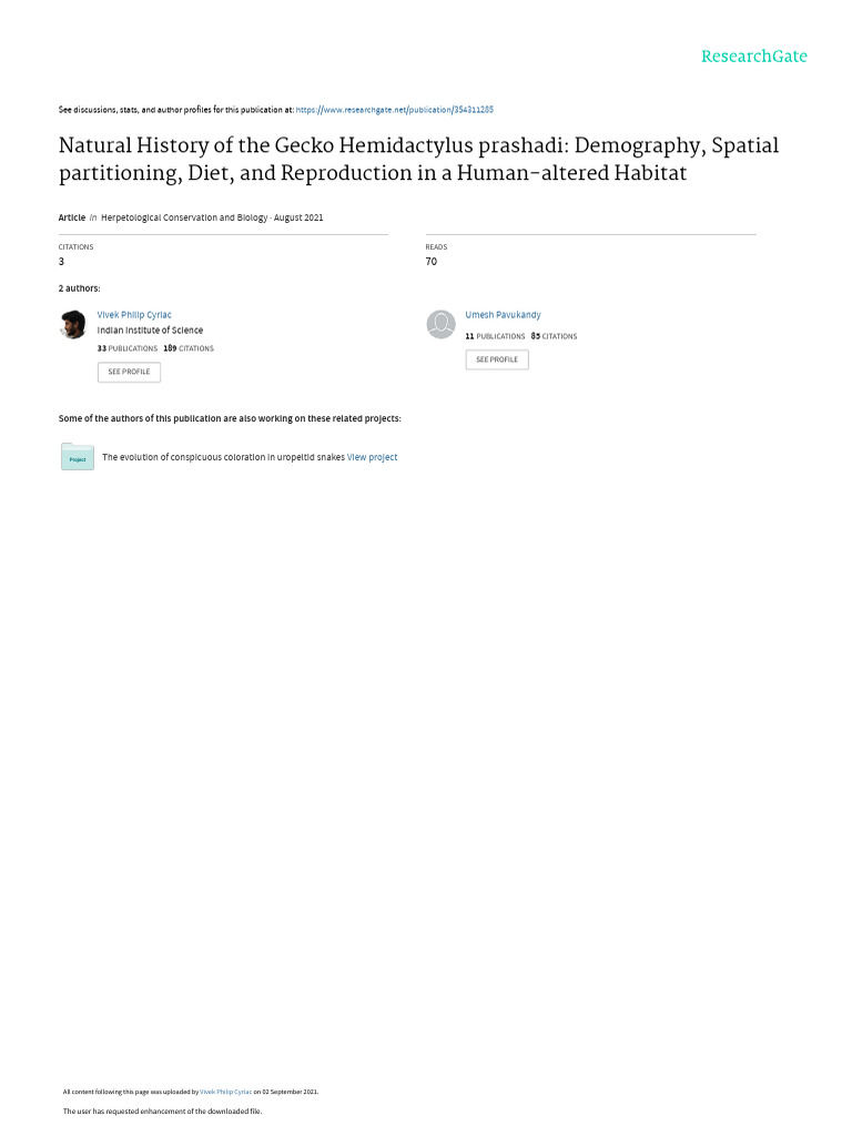 Natural History of The Gecko Hemidactylus Prashadi: Demography, Spatial ...