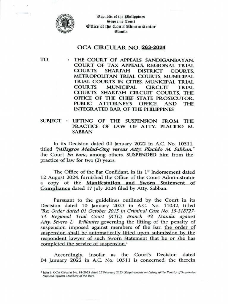 Lifting Suspension of Atty. Placido Sabban | PDF | Courts | Judiciaries