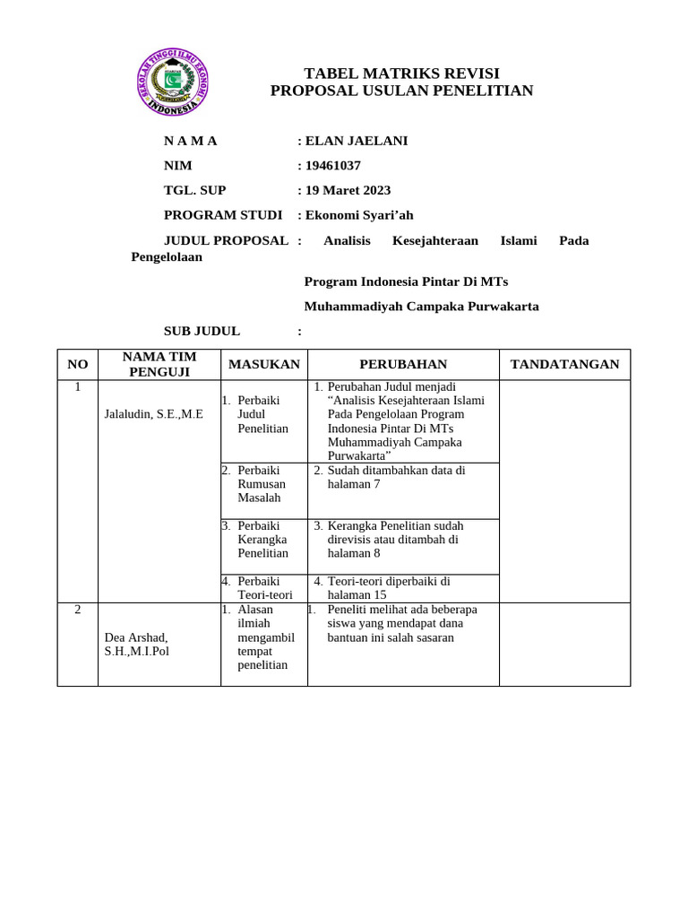 TABEL MATRIKS REVISI PROPOSAL ATAU SKRIPSI | PDF