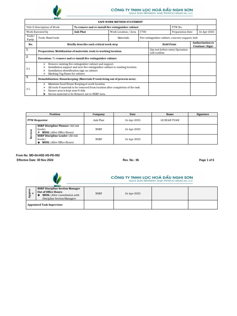 Fire Extinguisher Cabinet SWMS | PDF | Safety | Occupational Safety And ...