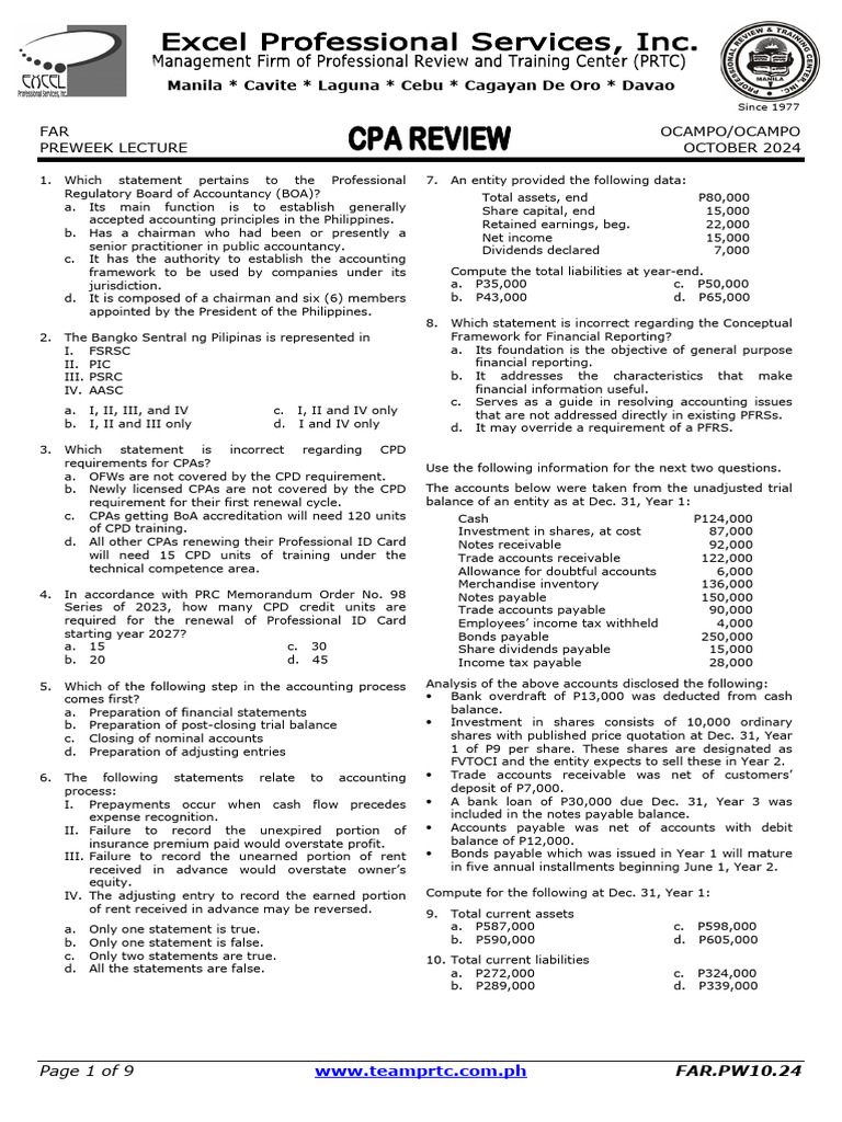 Team PRTC Pre-week Oct 2024 - FAR | PDF | Expense | Debits And Credits
