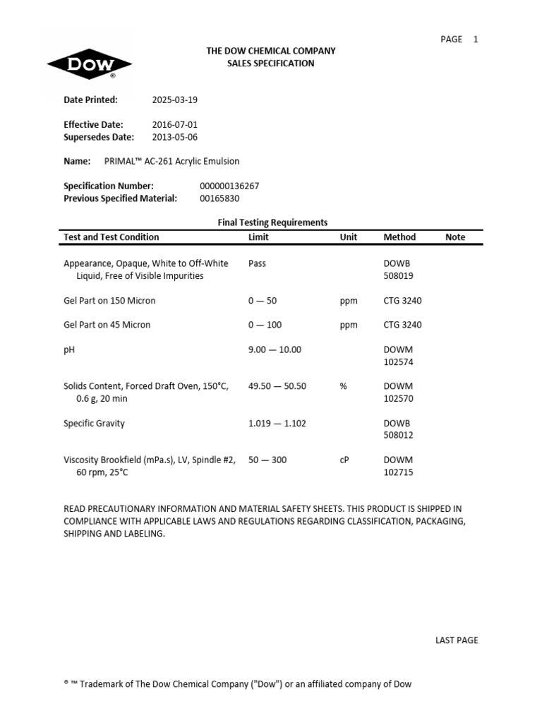PRIMAL AC-261 Acrylic Emulsion | PDF