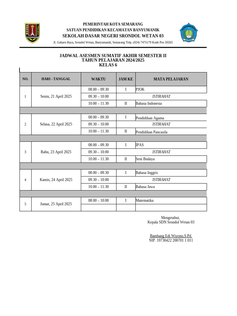 Jadwal Asas II Kelas 6 Ta 202425 | PDF