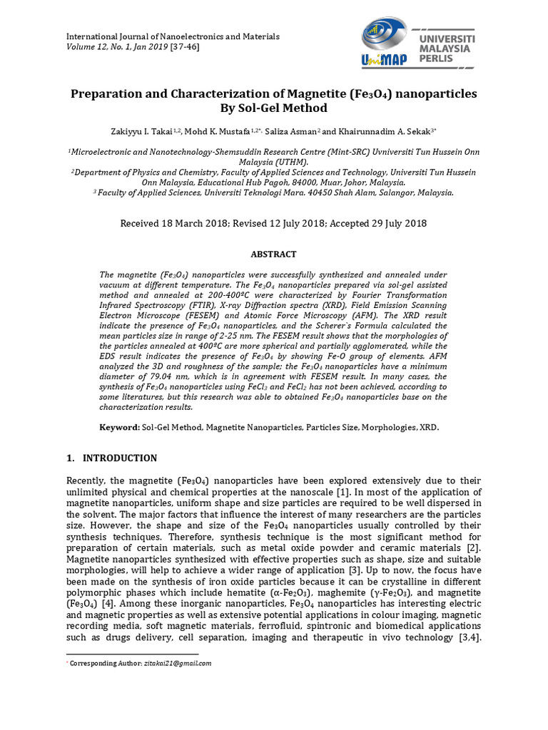 Preparation and Characterization of Magnetite (Fe3O4) Nanoparticles by Sol Gel | PDF ...
