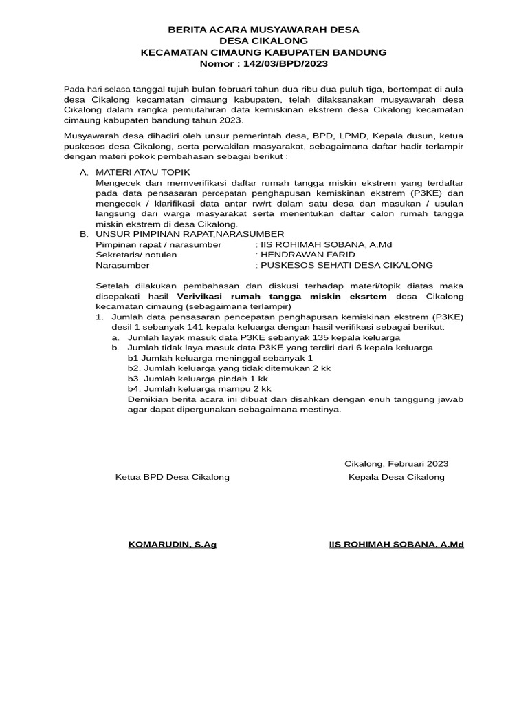 Berita Acara Musyawarah Desa | PDF