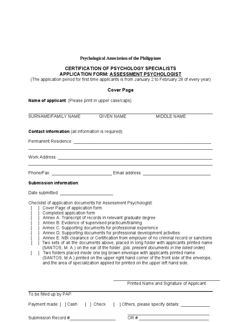 Assessment Psychologist Application Form | PDF | Psychological Testing ...