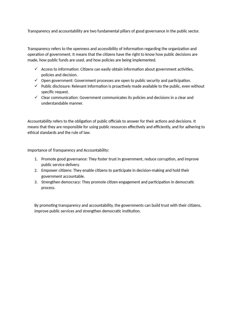 Transparency and Accountability Are Two Fundamental Pillars of Good ...