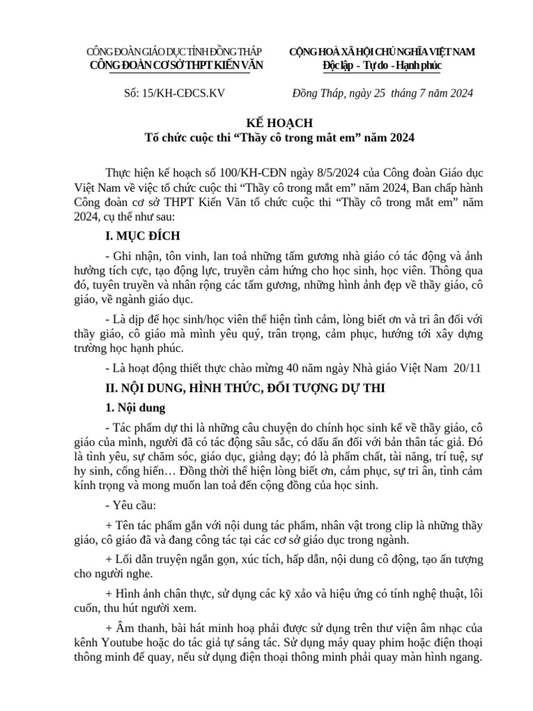 15-KH to chuc vong truong cuoc thi Thay co trong mat em nam 2024 | PDF